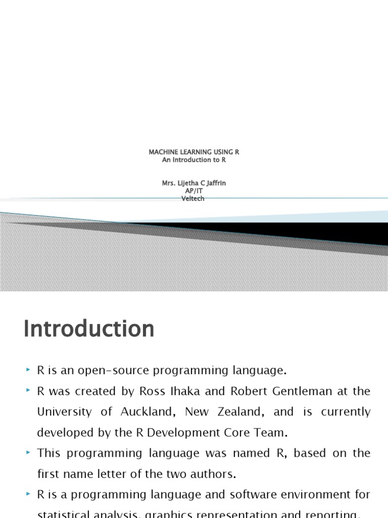 Machine Learning Using R An Introduction To R Mrs Lijetha C Jaffrin Apit Veltech Pdf Array