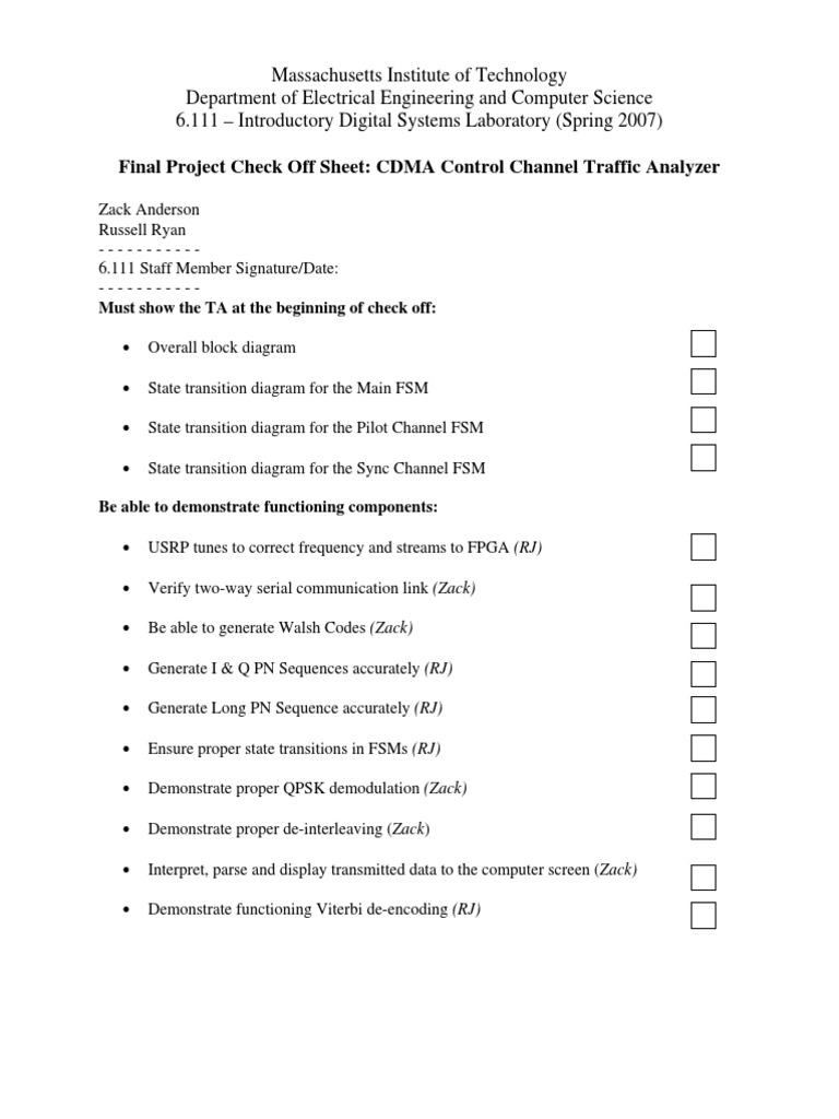 Final Project Check Off Sheet: CDMA Control Channel Traffic Analyzer | PDF