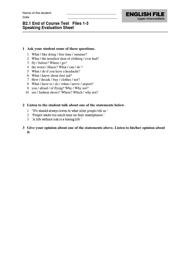 B2.1 End of Course Test Files 1-3 Speaking Evaluation Sheet | PDF