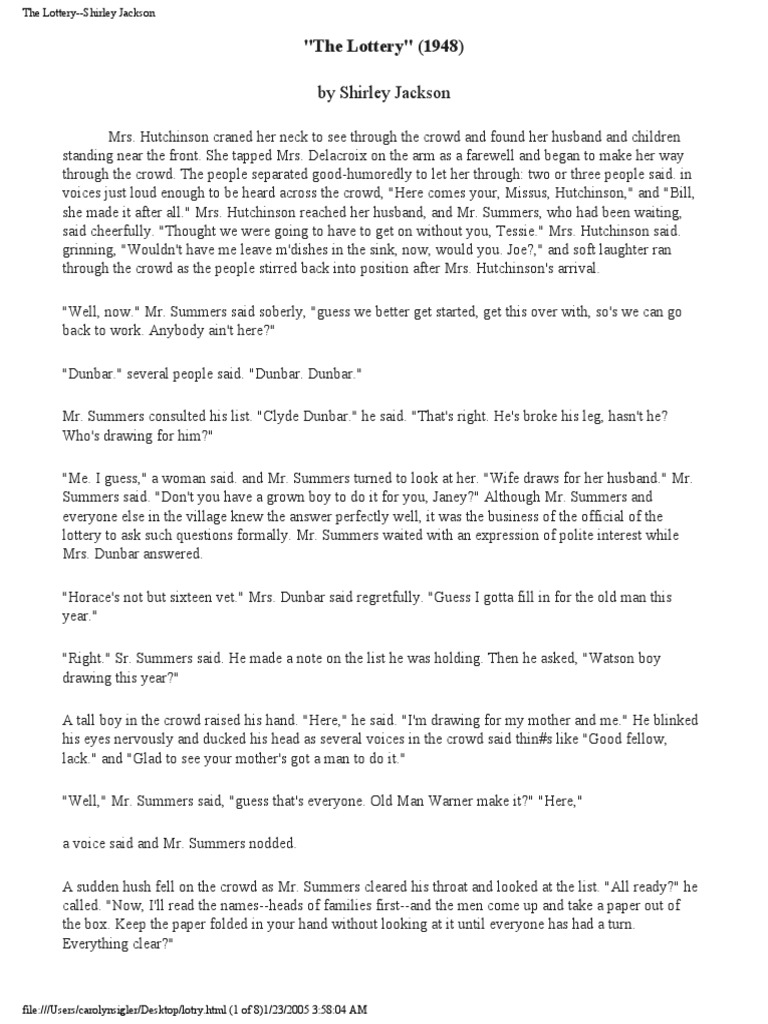By Shirley Jackson: "The Lottery" (1948) | PDF