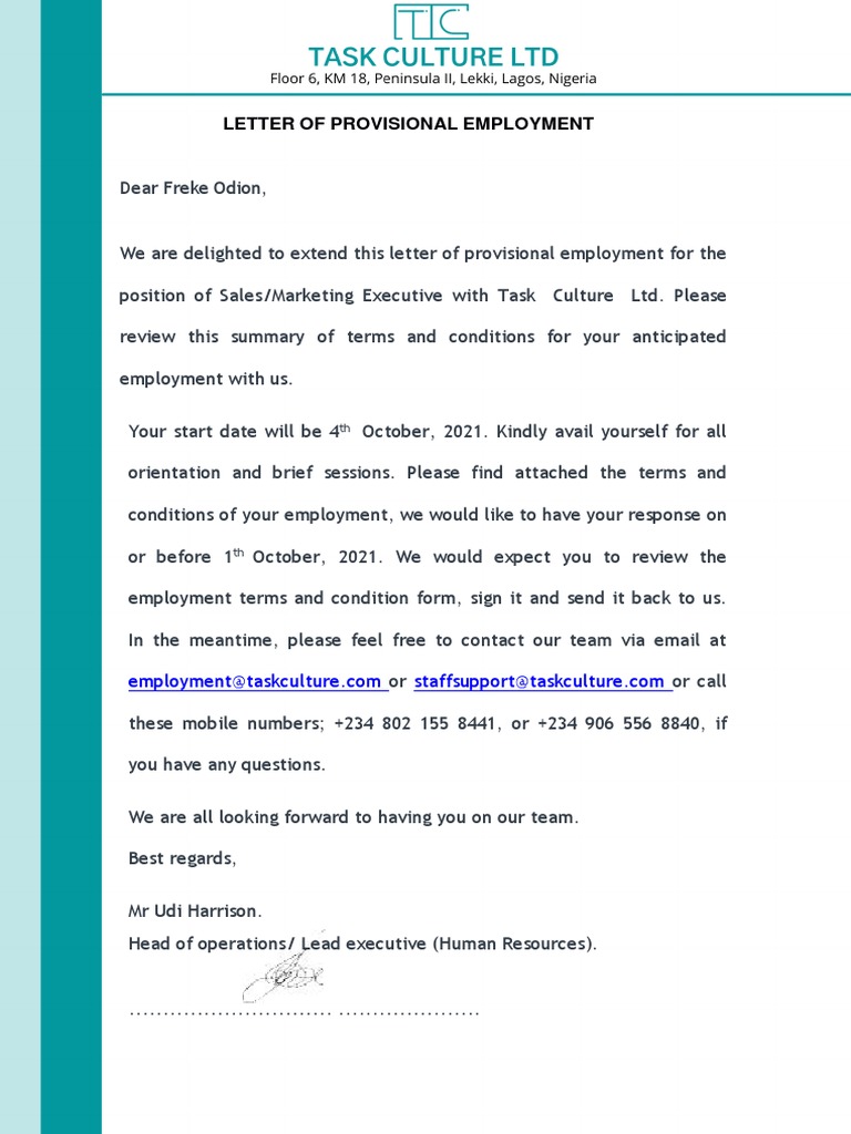 Letter of Provisional Employment | PDF | Employment | Salary