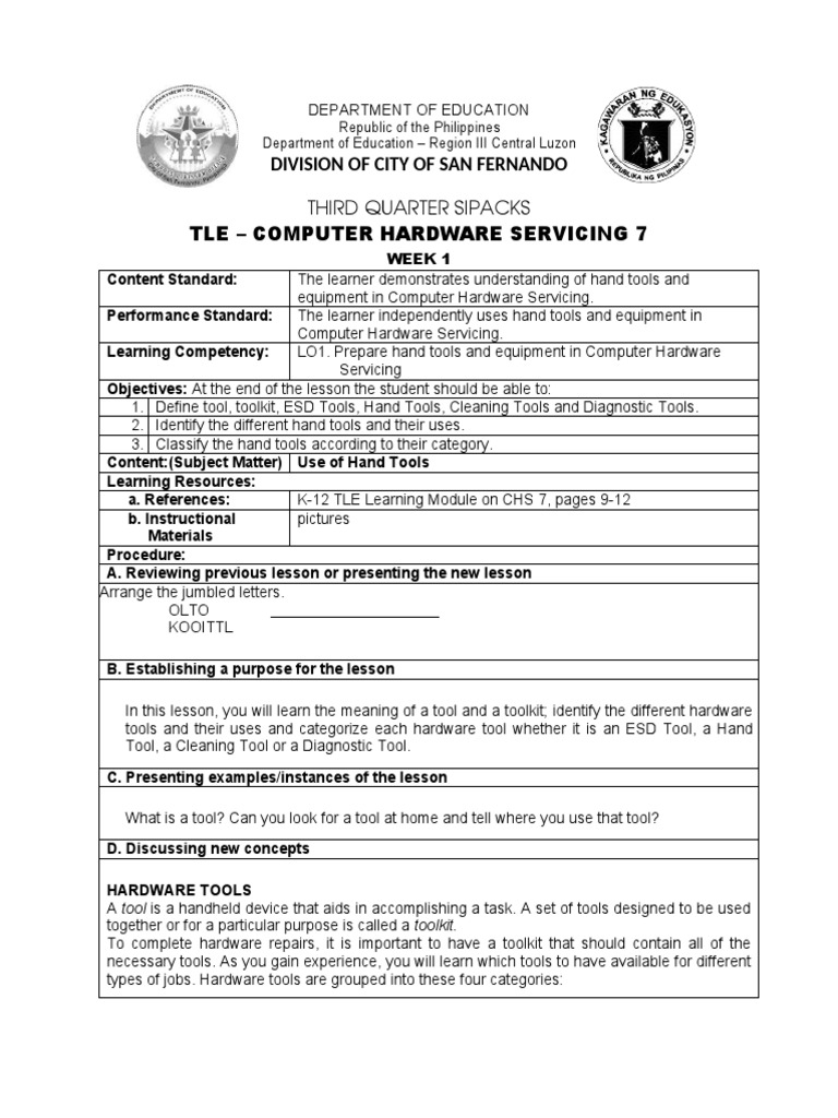 Tle7 q3 Computer Hardware Servicing | PDF | Computer Data Storage | Usb Flash Drive