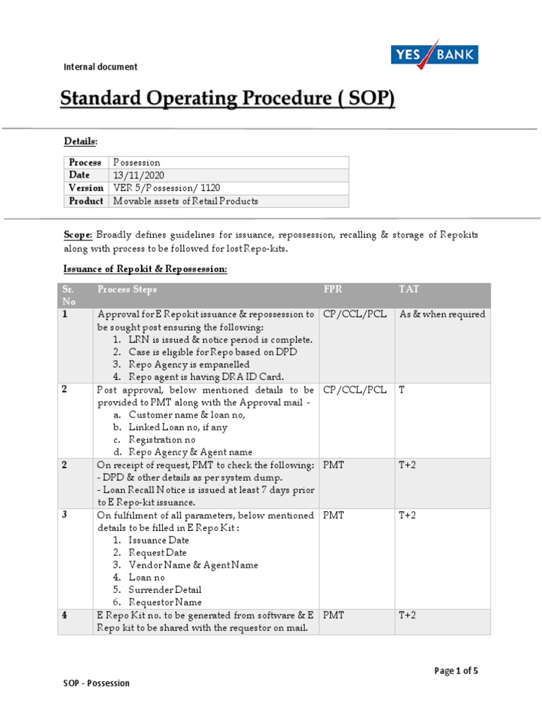 Sr. No Process Steps FPR TAT | PDF | Repossession | Business