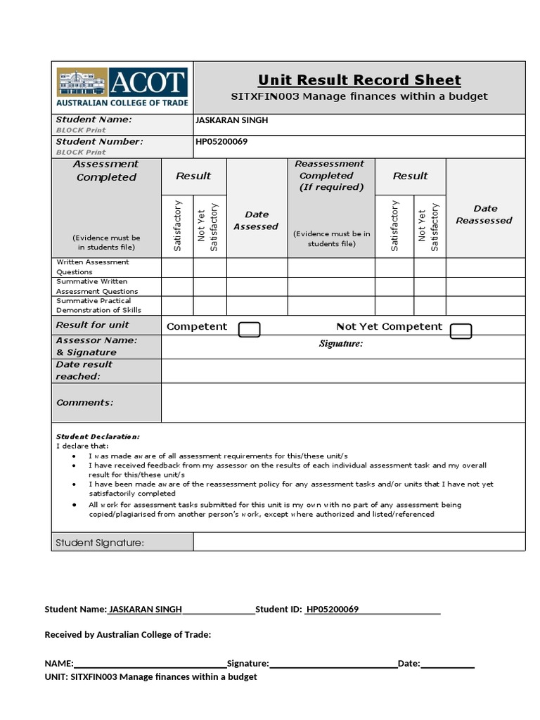 Unit Result Record Sheet: Jaskaran Singh HP05200069 | PDF | Budget ...