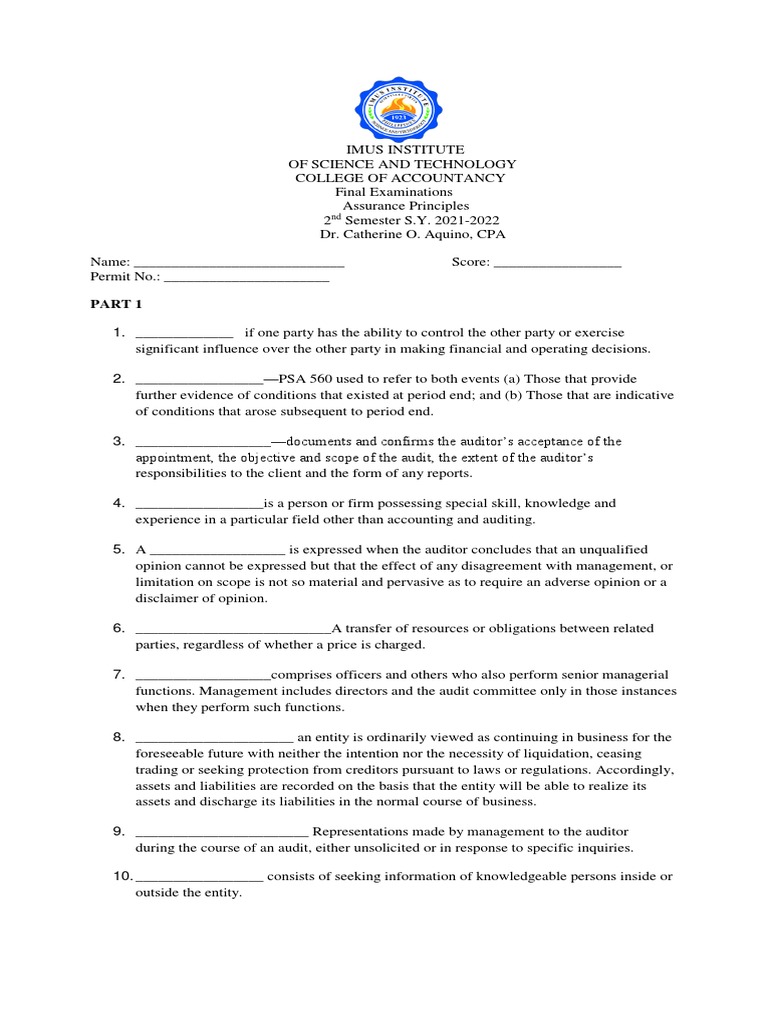 Assurance Principles Exam 2022 | PDF | Financial Audit | Auditor's Report