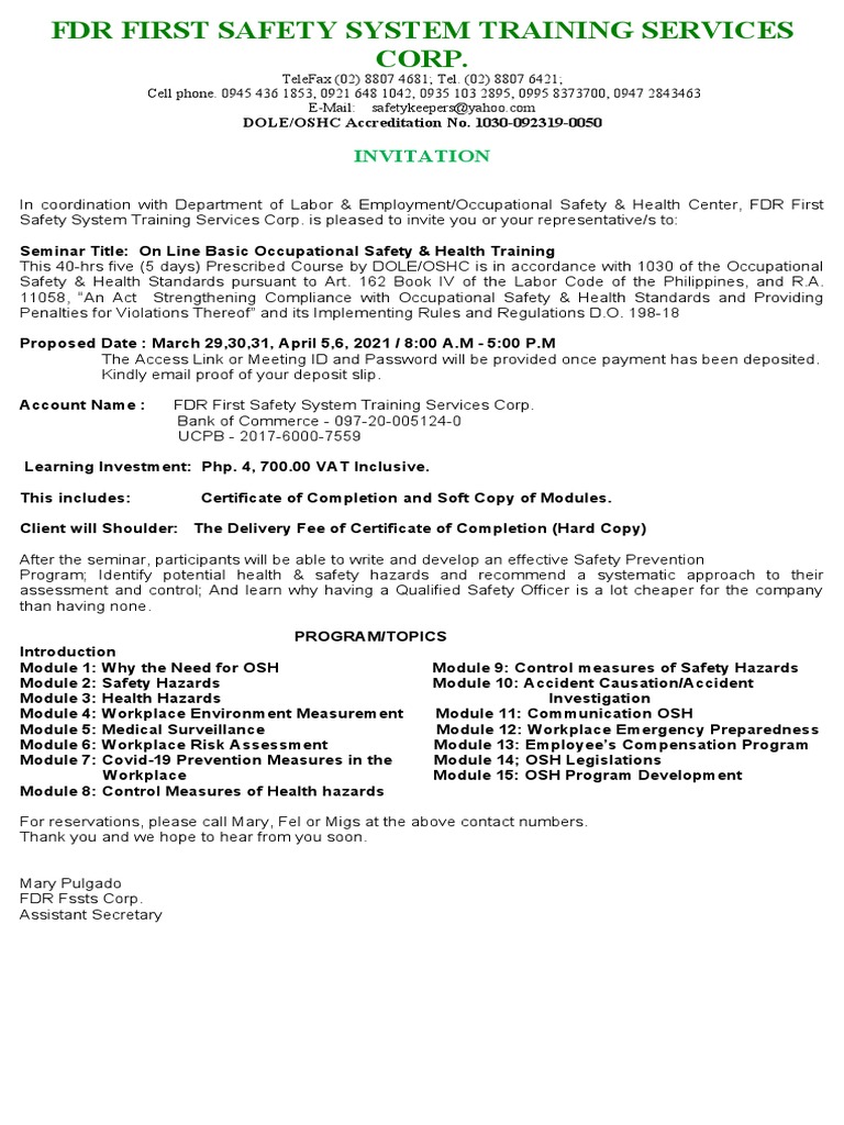 Invitation to an Online Basic Occupational Safety and Health Training ...