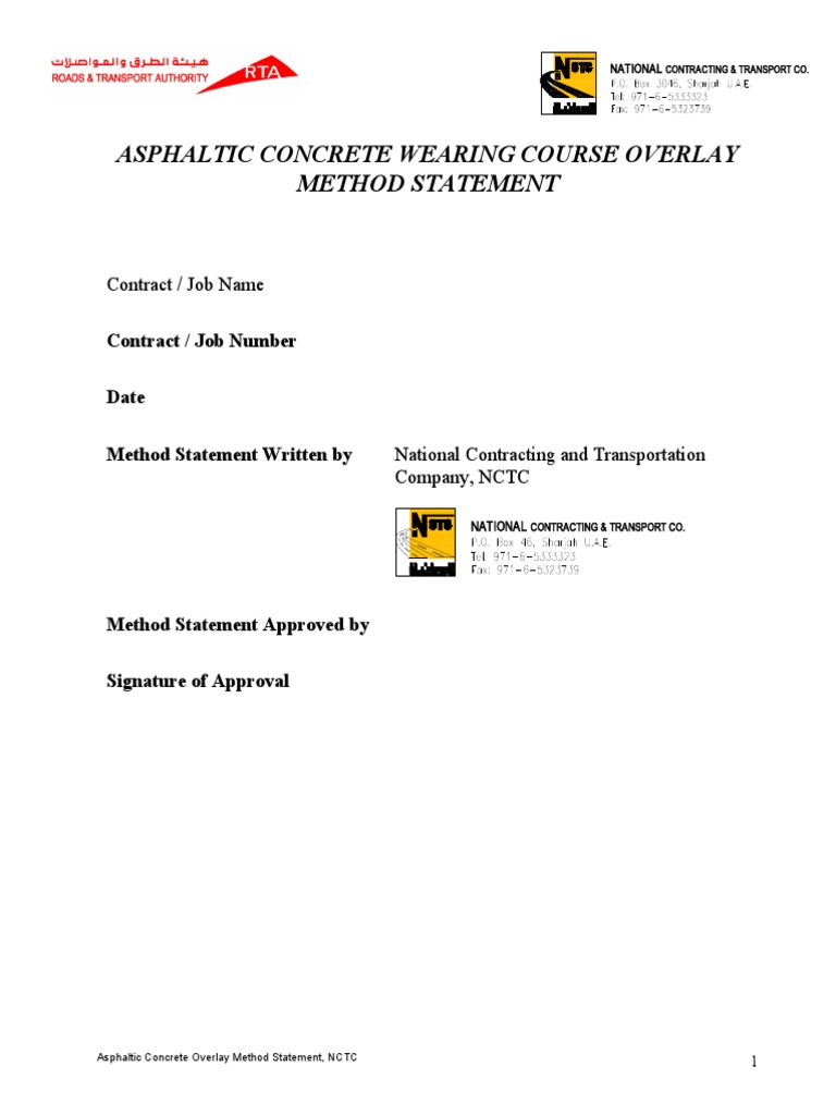 Asphalt Overlay Method Statement-Final | PDF | Road Surface | Asphalt