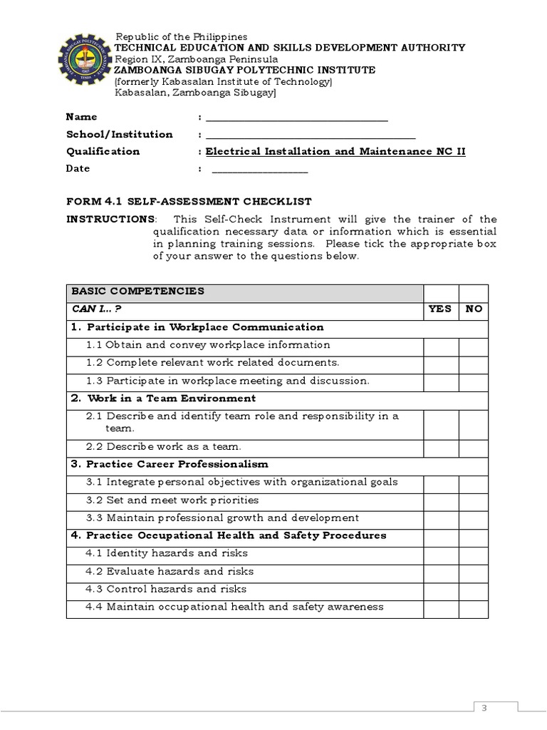 EIM NC II - Self Assessment Checklist | PDF | Electrical Wiring ...