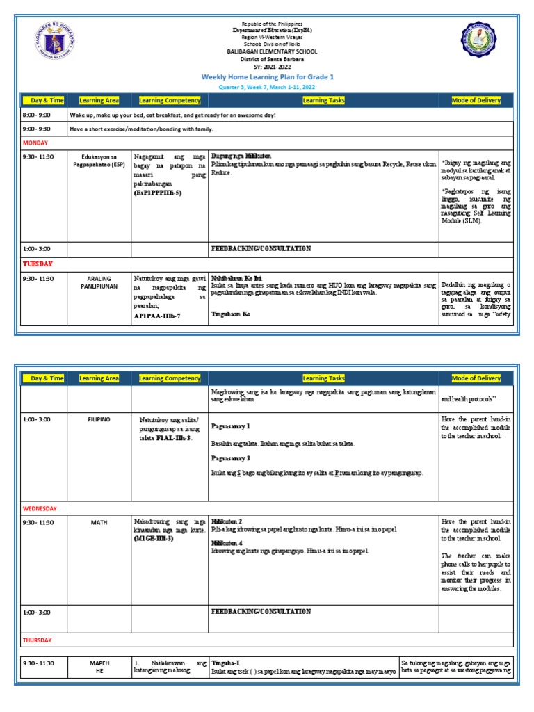 Grade 1 All Subjects WHLP q3 w7 | PDF