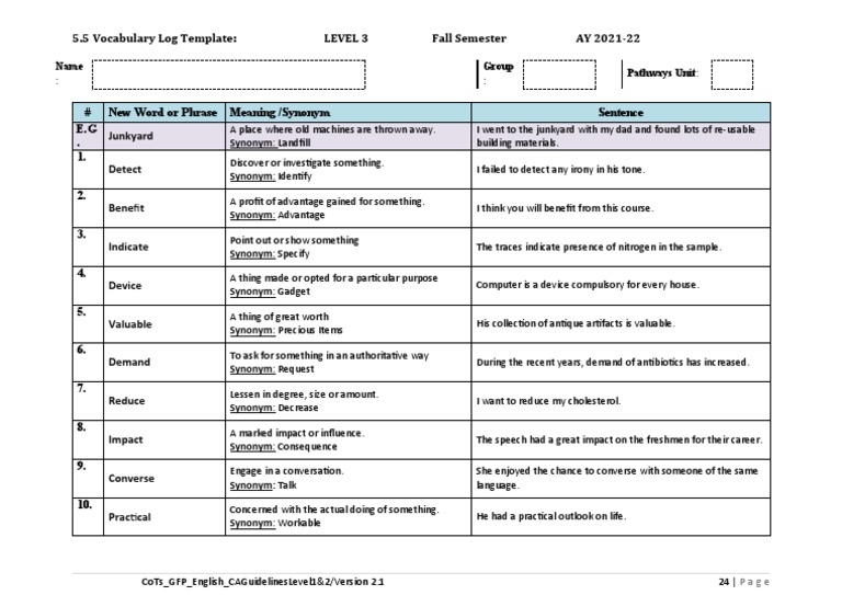 Level 3 Vocabulary Log Template | PDF | Human Communication | Cognition