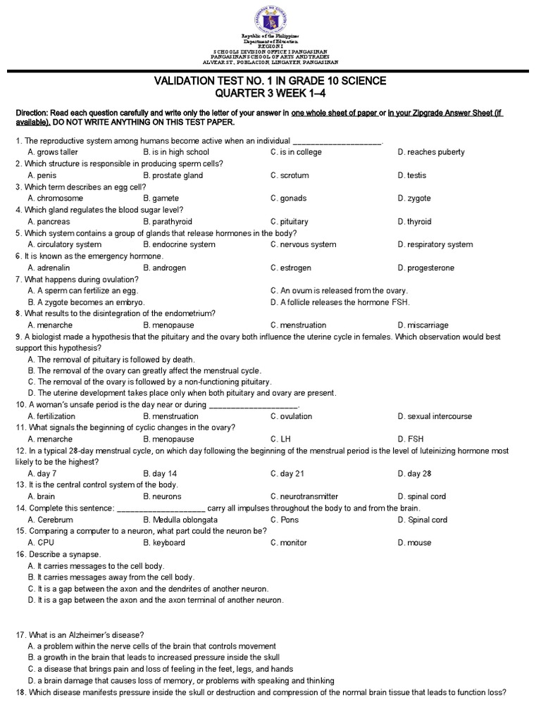 Validation Test No. 1 in Grade 10 Science Quarter 3 Week 1-4 | PDF ...