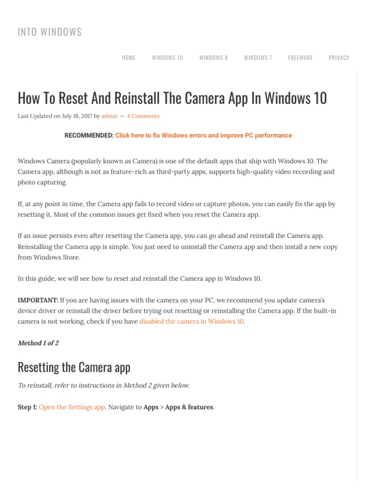 How To Reset and Reinstall The Camera App in Windows 10 | PDF | Windows ...