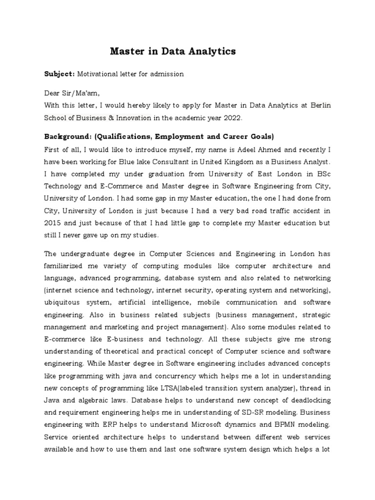 Master in Data Analytics (Motivational Letter) | PDF | Computer Science ...