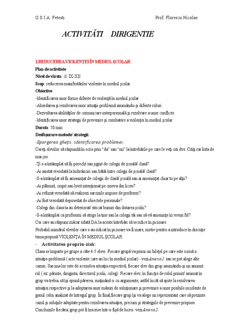 Activităti Dirigentie (3 Lectii) Florescu Nicolae | PDF