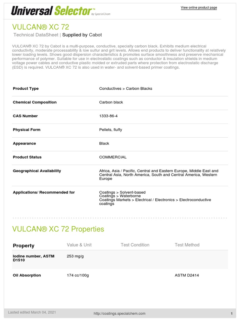 VULCAN® XC 72 - Cabot | PDF | Electrical Conductor | Electrostatic Discharge