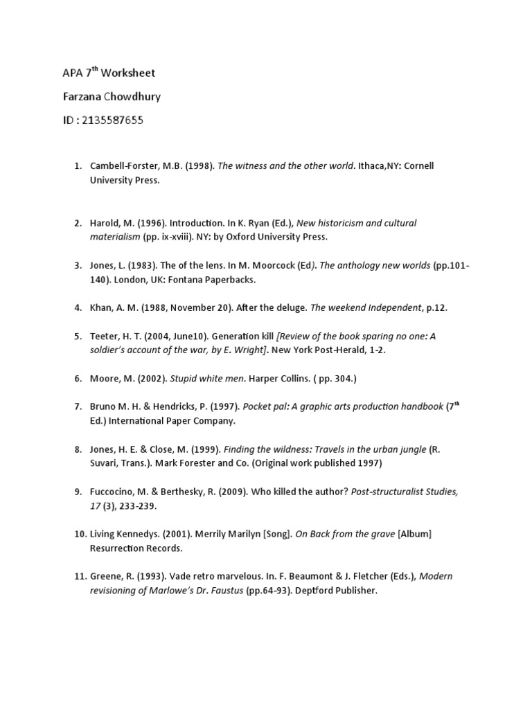 APA 7th Worksheet.h.w | PDF
