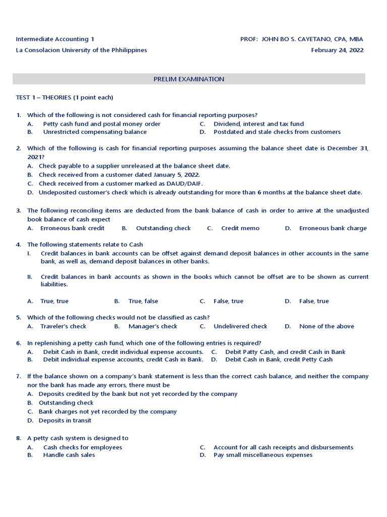 Ia 1 Prelim Exam Pdf Cheque Banks