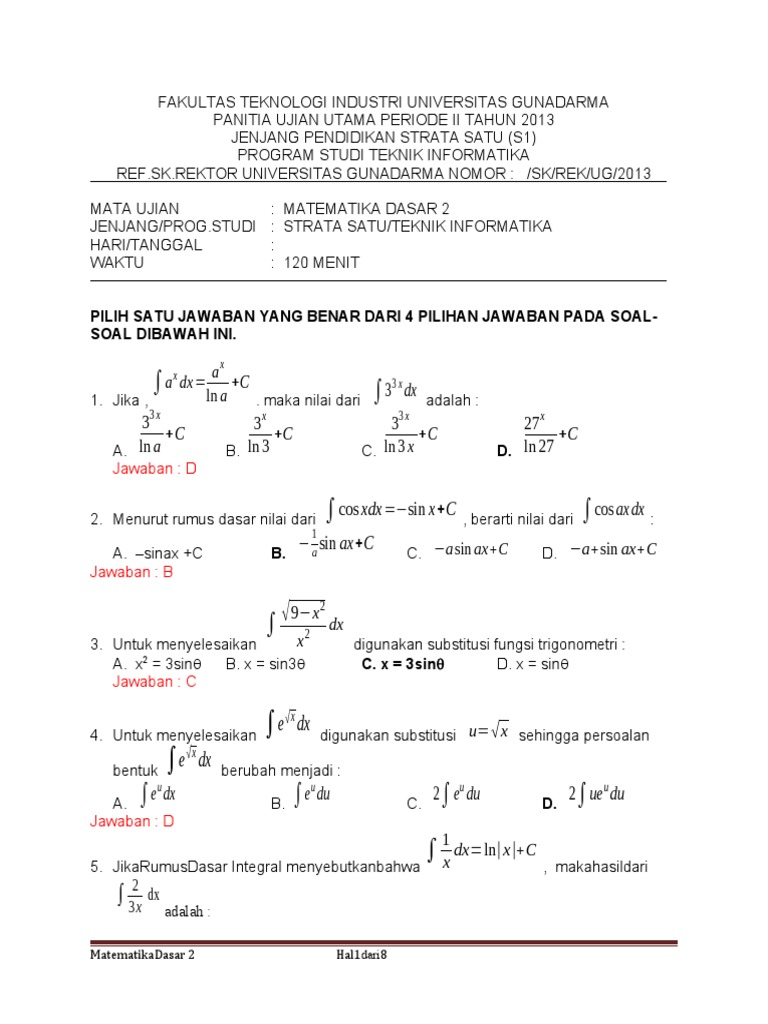 Soal Ujian Utama Matematika Dasar 2 | PDF