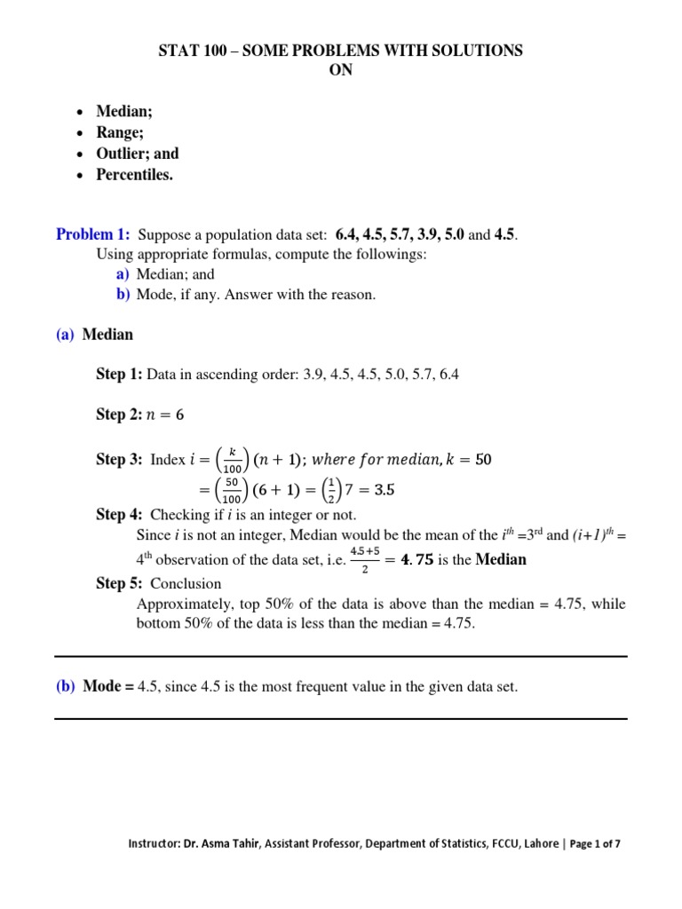 Updated 2 - STAT100 - Median+Mode+Range+Outlier+Percentiles - Problem+Solution - Asma | PDF ...