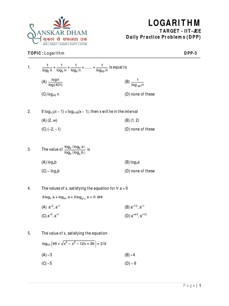 Mathematics - DPP-3 (Logarithm) - JEE | PDF | Functions And Mappings | Combinatorics