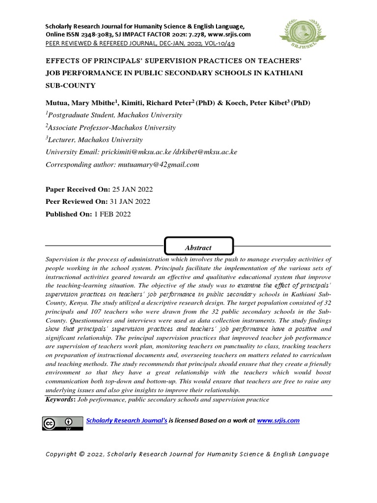 Effects of Principals' Supervision Practices On Teachers' Job Performance in Public Secondary ...