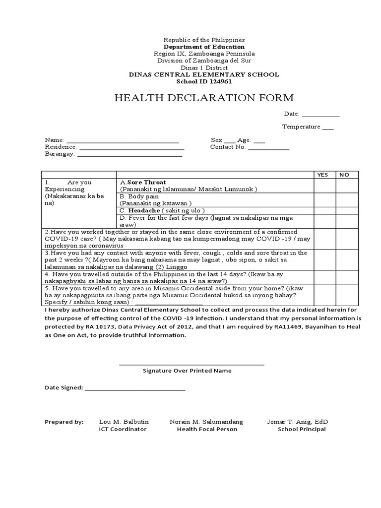 Health Declaration Form: Department of Education | PDF | Common Cold ...
