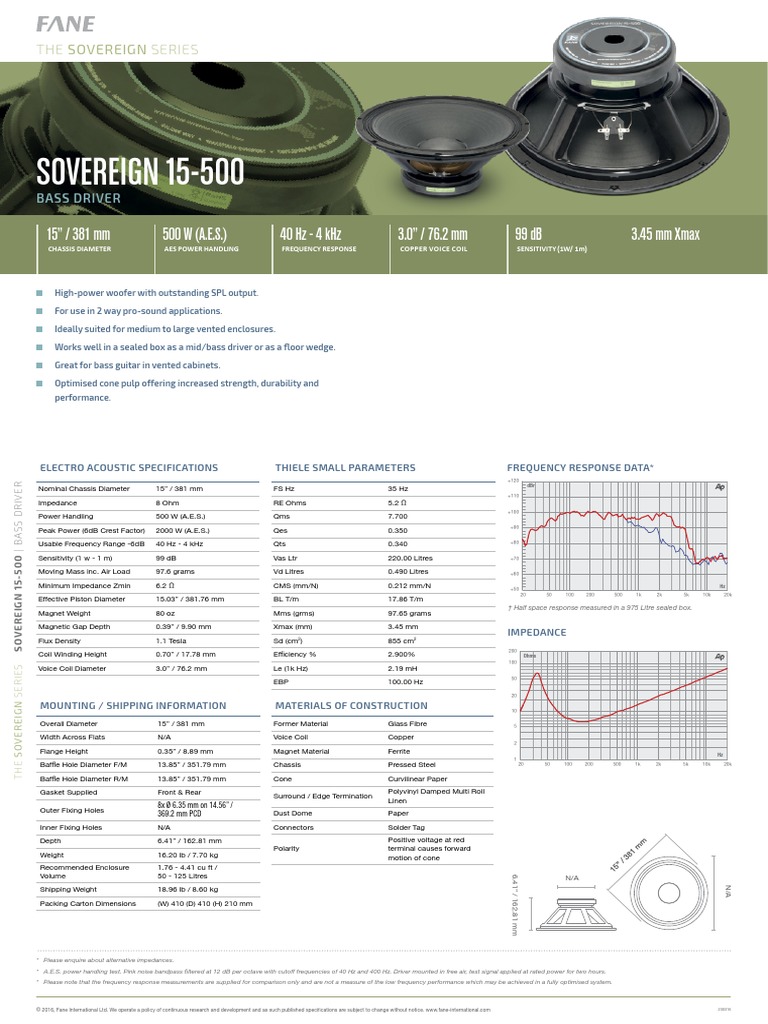 Fane Sovereign 15500 DS240316 | PDF | Sound | Loudspeaker