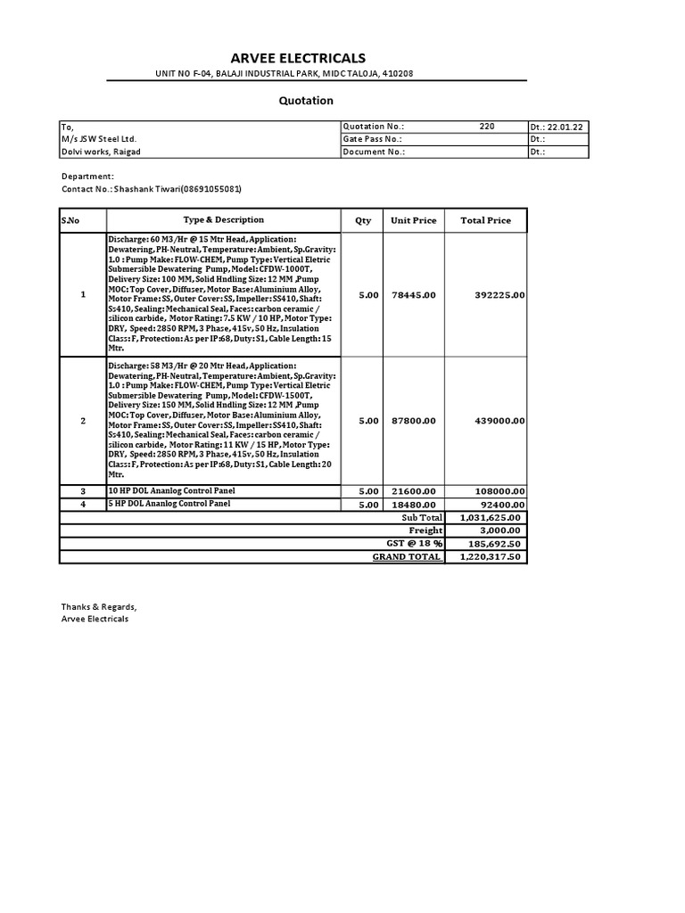 Quotation For Pumps | PDF | Pump | Chemistry