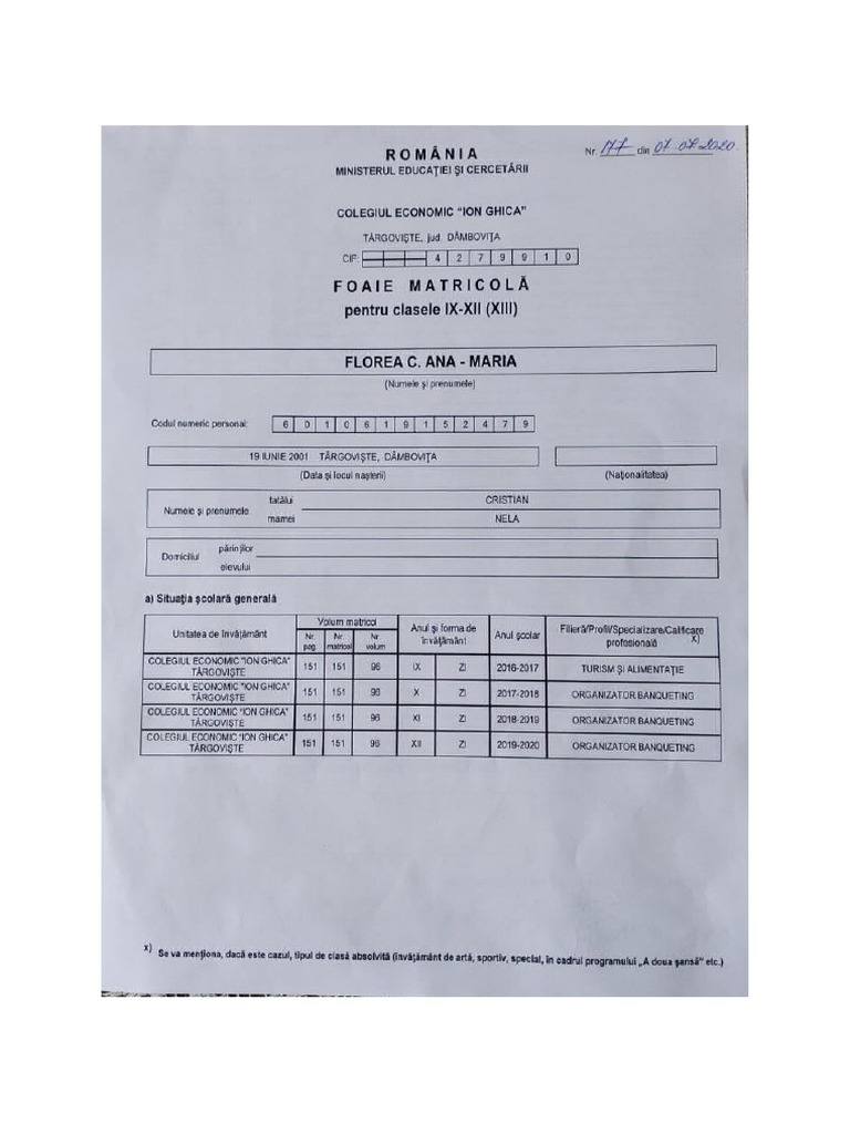 Foaie Matricola | PDF