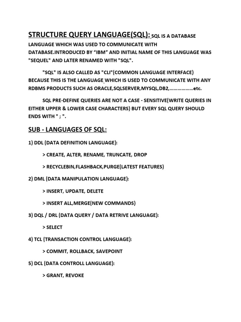 Structure Query Language Sql Sub Languages Of Sql Pdf Sql Software Design 