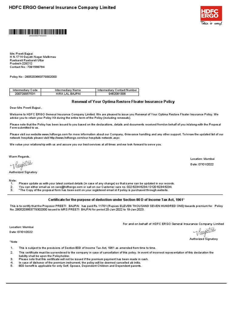 HDFC ERGO renews Optima Restore Floater Insurance Policy for Preeti ...