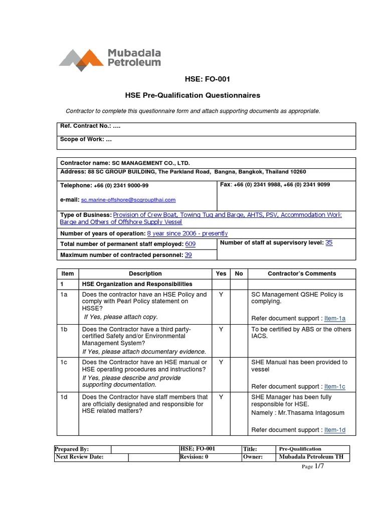 Pre-Qualification Questionnaires MBD | PDF | Personal Protective ...