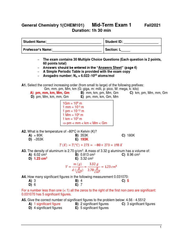 General Chemistry 1 Mid-Term Exam 1: Analyzing Concepts of Chemical ...