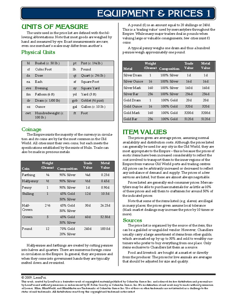 Harnmaster - Equipment & Prices | PDF | Candle | Coins