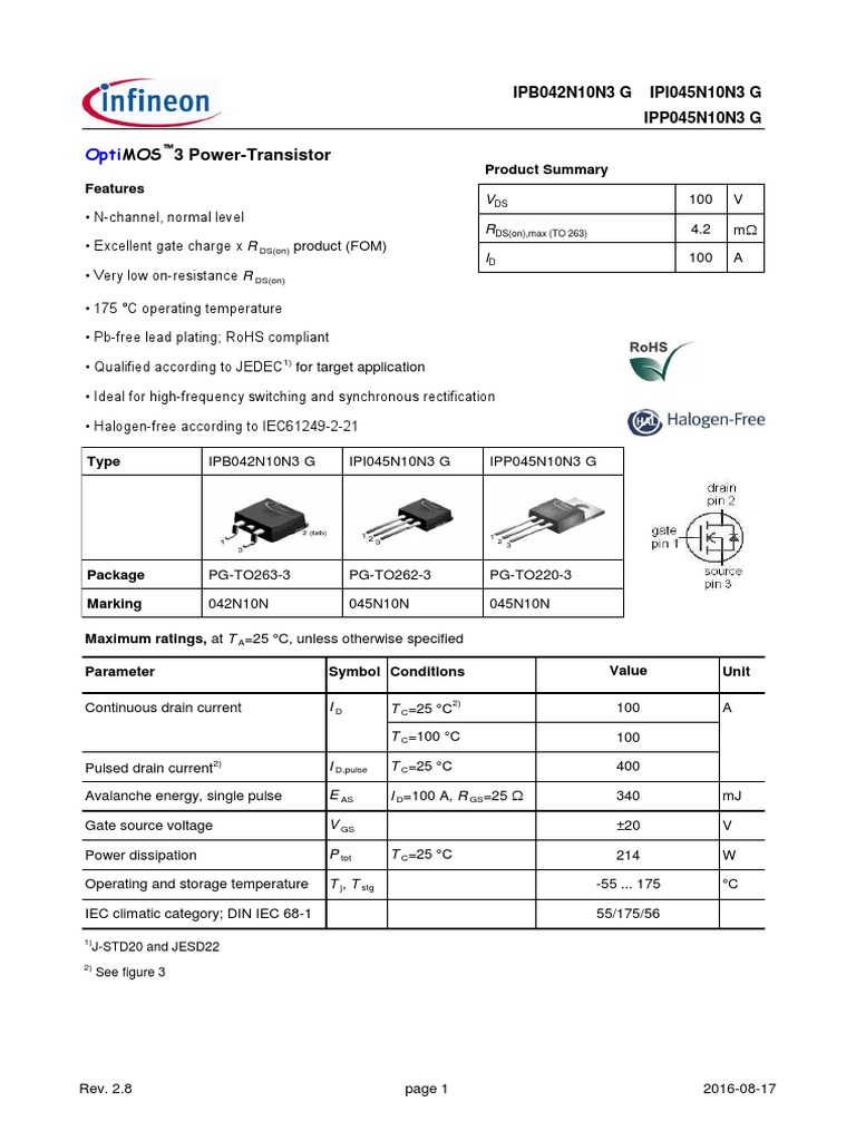 IPB042N10N3 IPi045N10N3 IPP045N10N3 042N10N 045N10N | PDF | Diode ...