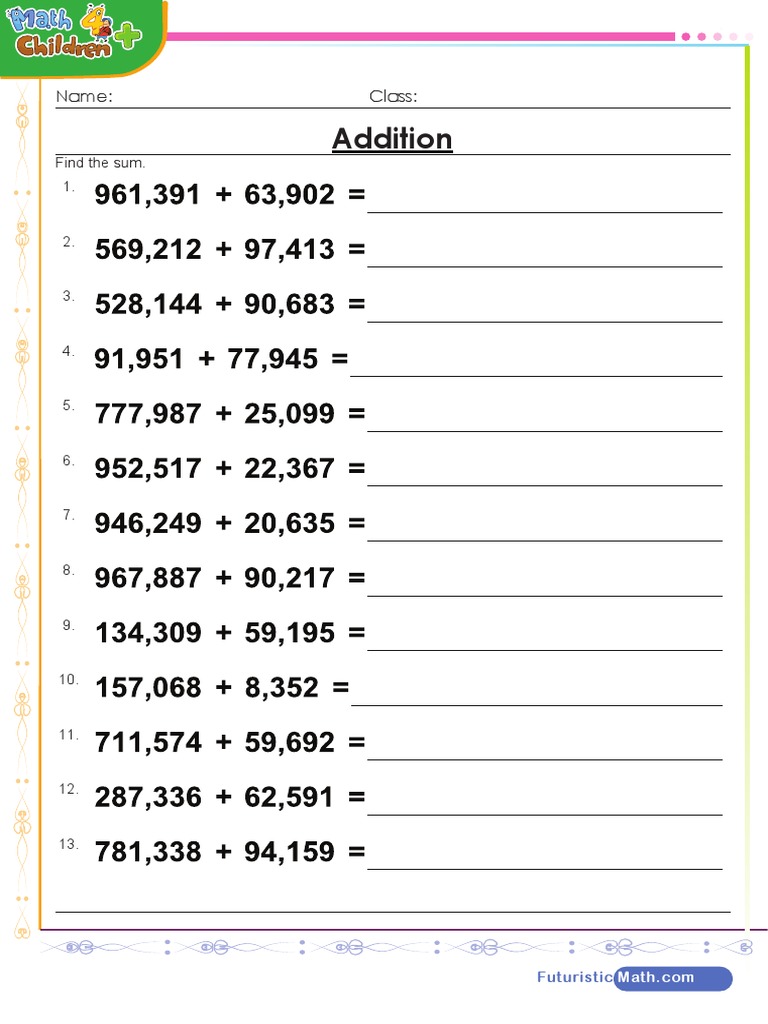 Addition 5 Digits Horizontally Worksheet | PDF | Computers