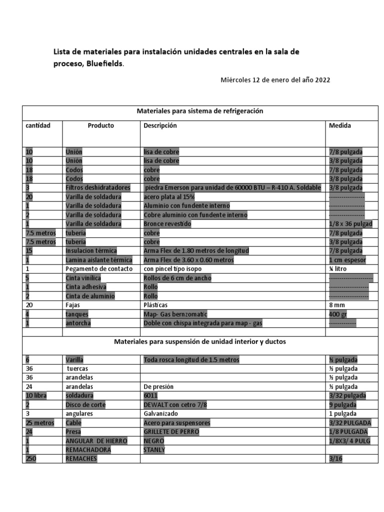 Lista de materiales de refrigeración | PDF | Pulgada | Construcción
