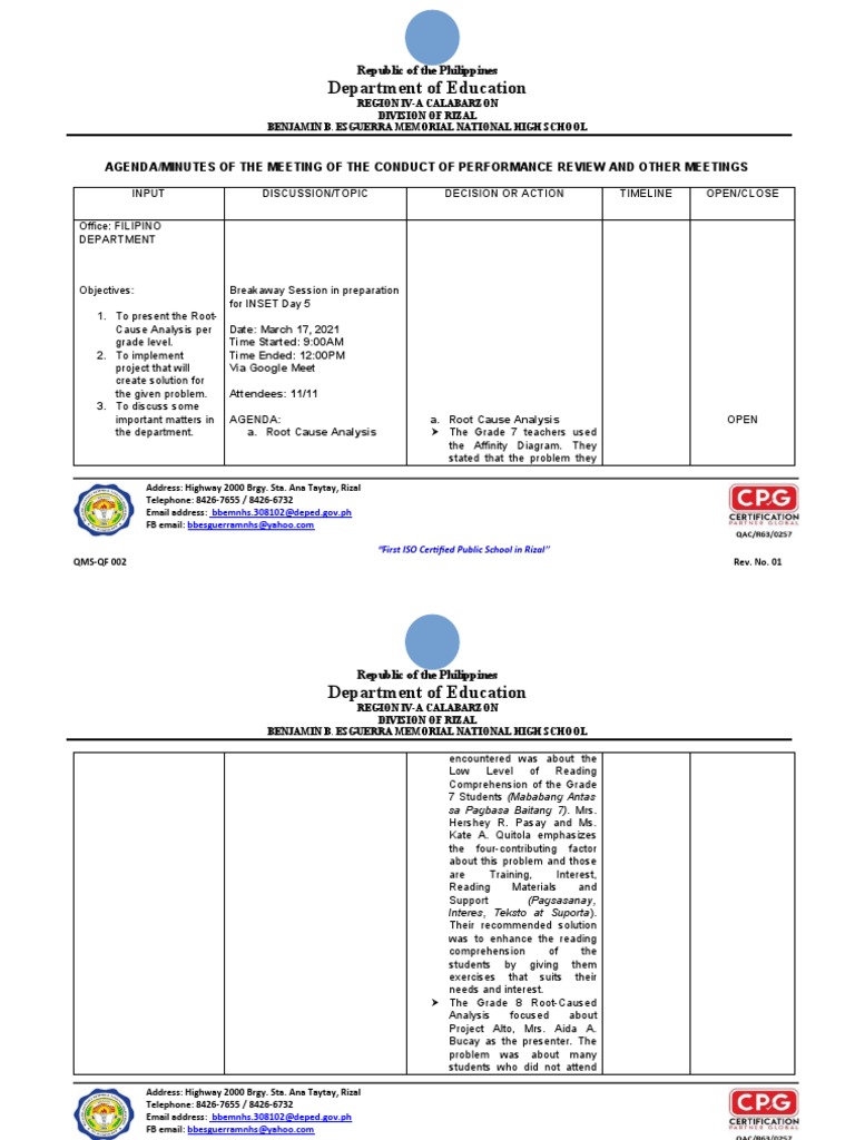 Filipino - Minutes Breakaway Session March 18 2021 QMS QF 002 | PDF ...