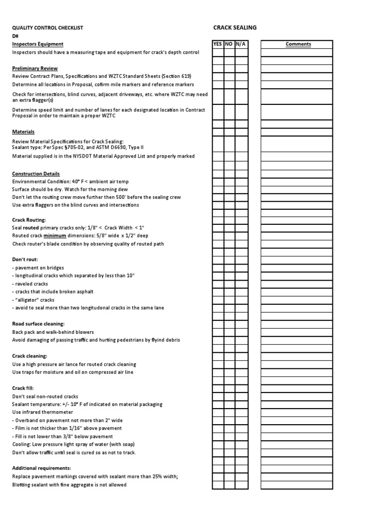 Crack Sealing Quality Control Checklist | PDF | Road Surface | Road