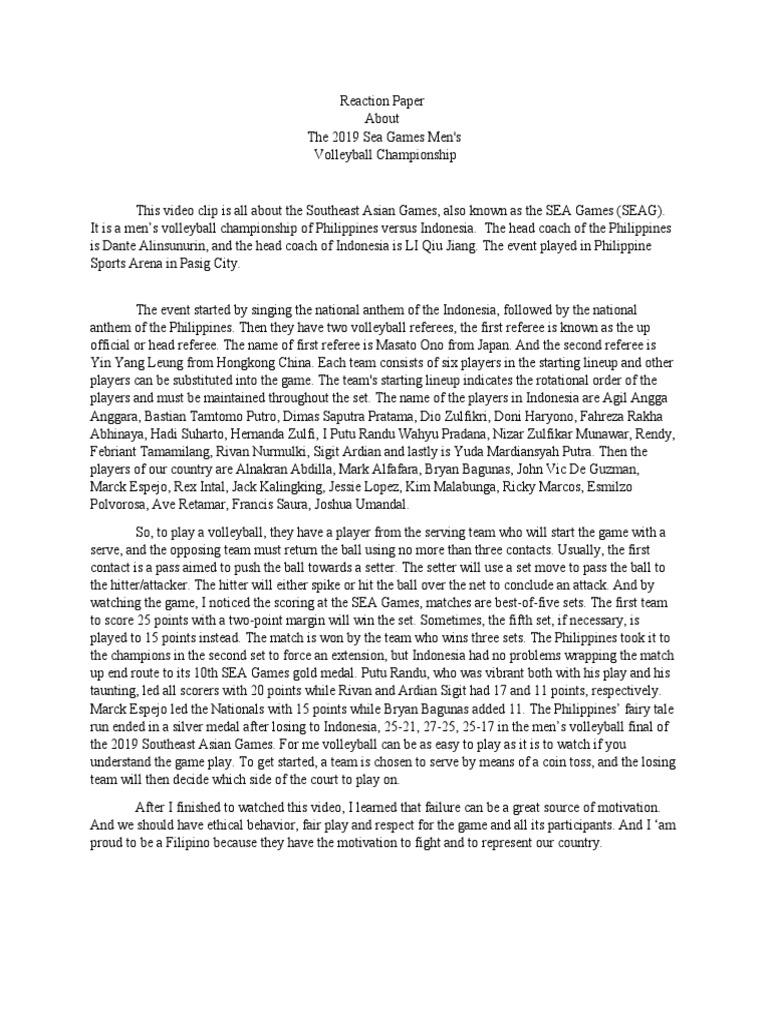 Reaction Paper | PDF | Volleyball | Ball Games