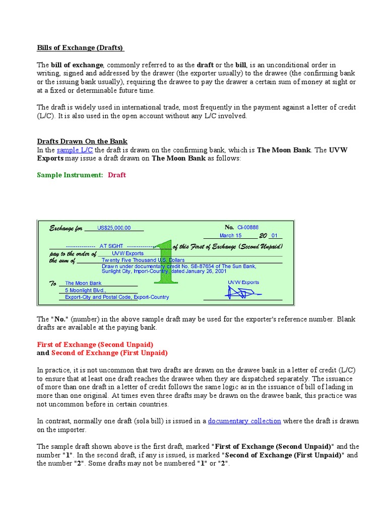 Bills of Exchange (Drafts) : Sample L/C | PDF | Letter Of Credit | Payments