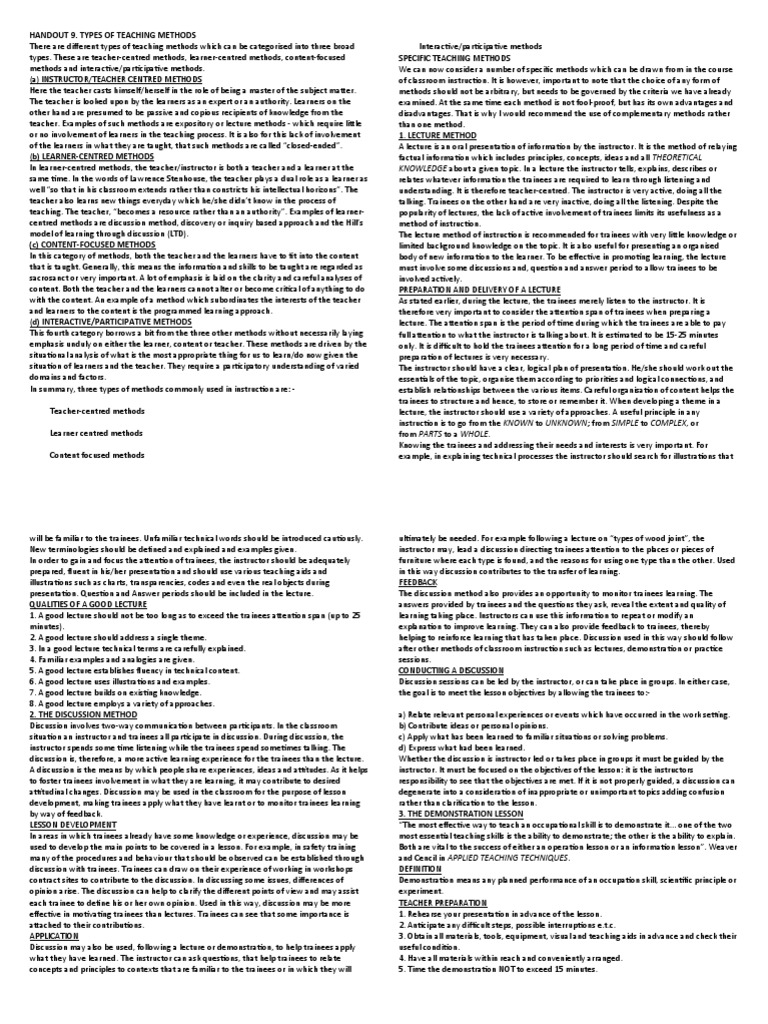 Handout 9. Types of Teaching Methods | PDF | Teachers | Learning
