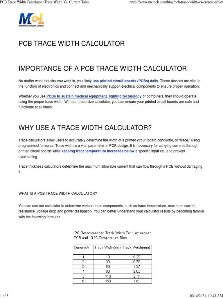 PCB Trace Width Calculator - Trace Width vs. Current Table | PDF ...