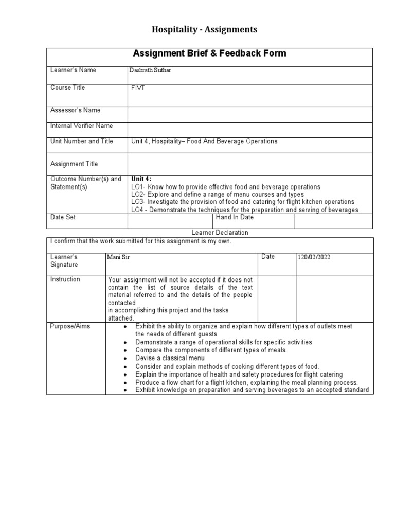 Dashrath Hotel Management F B Operations | PDF | Drink | Foods