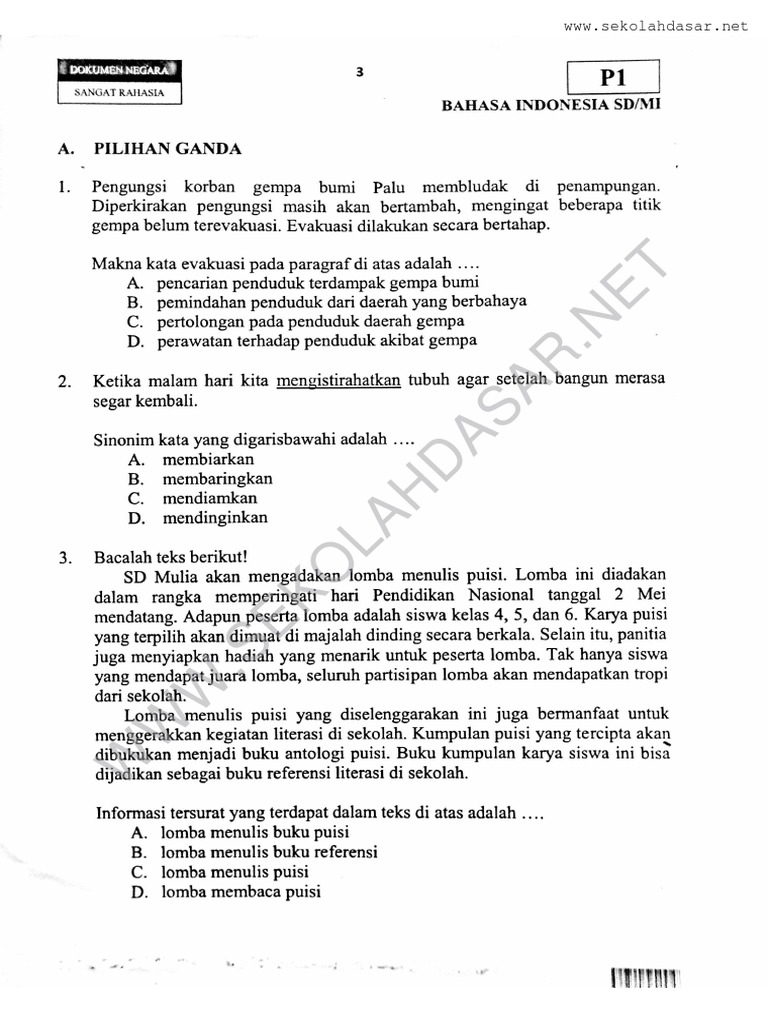 Soal Try Out Ujian Sekolah Mapel Bahasa Indonesia Tahun 2020 | PDF