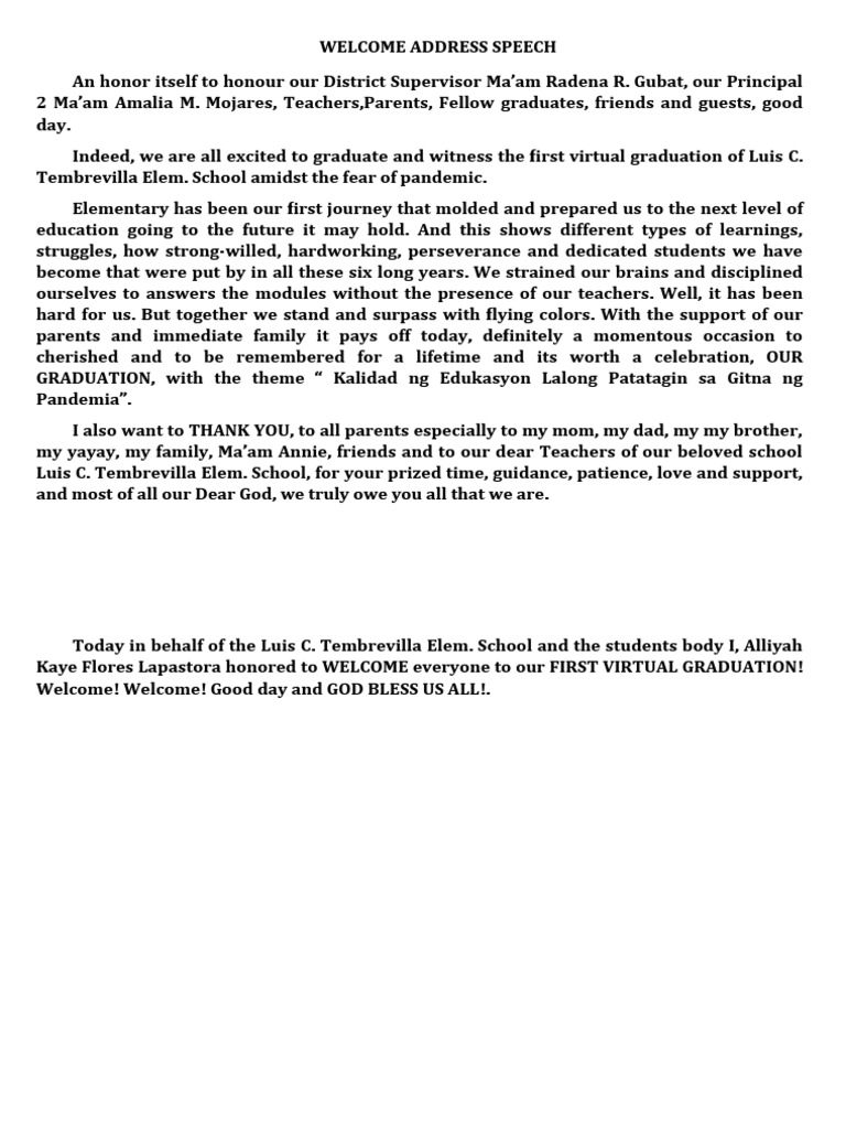 Welcome Address Speech | PDF