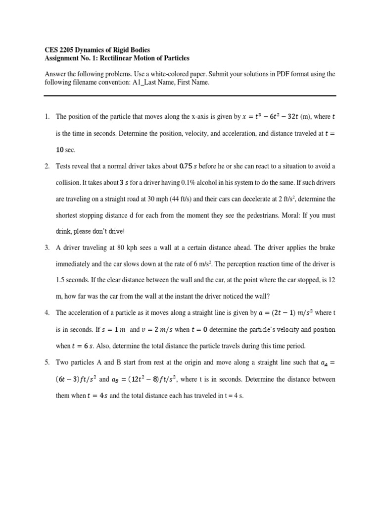 Assignment No. 1 Rectilinear Motion of Particles | PDF