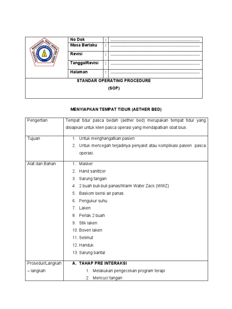 Sop Menyiapkan Tempat Tidur (Aether Bed) | PDF