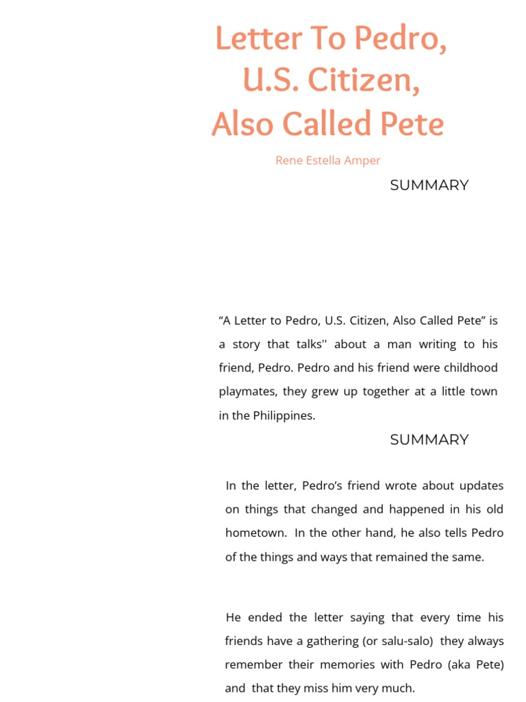 Letter To Pedro, U.S. Citizen, Also Called Pete: Rene Estella Amper | PDF