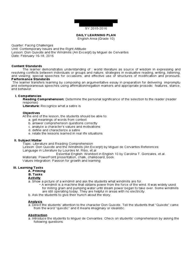 02 - Learning Plan - Sample 2 | PDF | Reading Comprehension | Don Quixote